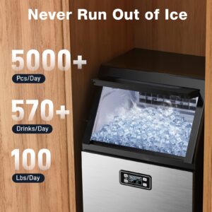 FREE VILLAGE Commercial Ice Maker Machine, 100lbs/Day, 45 Ice Cubes/Batch in 11-18 Mins, Self-Cleaning, Advanced LCD Panel, Stainless Steel, Freestanding Ice Maker for Home Office Restaurant Bar Party