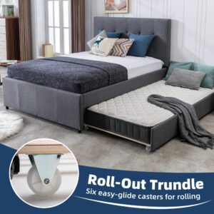 civama Full Size Bed with Trundle, Upholstered Full Over Twin Bed with Headboard & Wooden Slat Support, Pull Out Twin Platform Bed Underneath, No Box Spring Needed, Grey