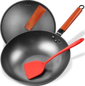 anyfish wok pan with lid, 13inch nonstick wok with silicone spatula, woks & stir fry pans and carbon steel woks, no chemical coated flat bottom chinese wok for induction, electric, gas, all stove