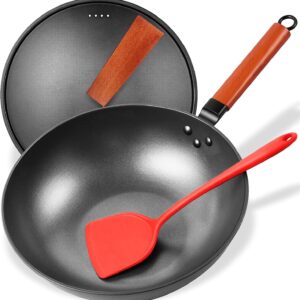 Anyfish Wok Pan with Lid, 13inch Nonstick Wok with Silicone Spatula, Woks & Stir Fry Pans and Carbon Steel Woks, No Chemical Coated Flat Bottom Chinese Wok For Induction, Electric, Gas, All Stove