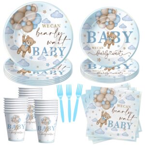 suhelkit bear baby shower decorations party tableware boy - we can bearly wait baby shower decorations supplies, paper plate, napkin, cup, fork, blue teddy bear baby shower party supplies | 24 guests