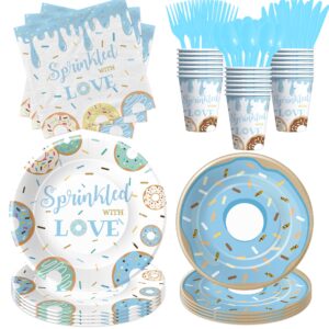 suhelkit donut baby sprinkle decorations tableware for boy - sprinkled with love baby shower decorations party supplies, plate, napkin, cup, cutlery, blue donut baby shower decorations | 24 guests