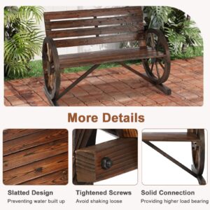 HOMEDIARY Outdoor Wooden Wagon Wheel Bench, Rustic 2-Person Seat Patio Bench w/Slatted Design and Carbonized Finish, Outdoor Patio Furniture w/550lbs High Capacity for Garden Patio Backyard Porch