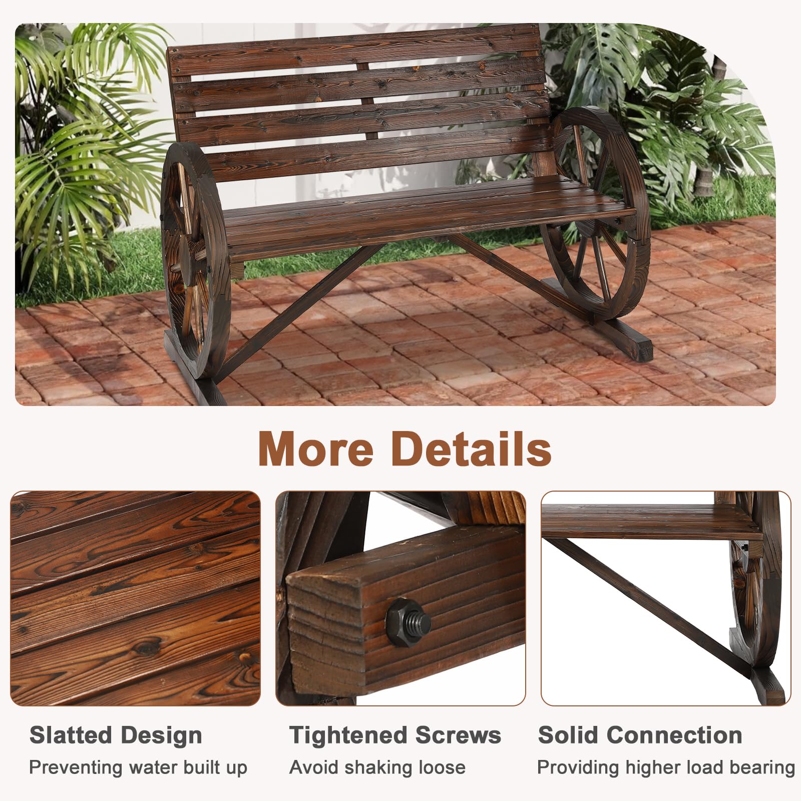 HOMEDIARY Outdoor Wooden Wagon Wheel Bench, Rustic 2-Person Seat Patio Bench w/Slatted Design and Carbonized Finish, Outdoor Patio Furniture w/550lbs High Capacity for Garden Patio Backyard Porch