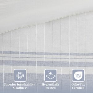 Harbor House Queen Duvet Cover Set, Stripes Clipped Jacquard, Cotton Oversized Duvet Cover for a Queen-Size Bed, Farmhouse Bedding Cover, 2 Shams, 2 Décor Pillows, Morgan, Full/Queen White/Blue