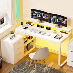 yitahome l shaped desk with drawers, 55" corner computer desk with power outlets, l-shaped desk with led lights & file cabinet for home office, white