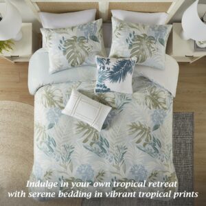 Harbor House King Duvet Cover Set, Tropical Palm Print, Soft Cotton Oversized Duvet Cover for a King-Size Bed, Coastal Bedding Cover, 2 Shams, 2 Décor Pillows, Kiawah Island, King/Cal King Blue