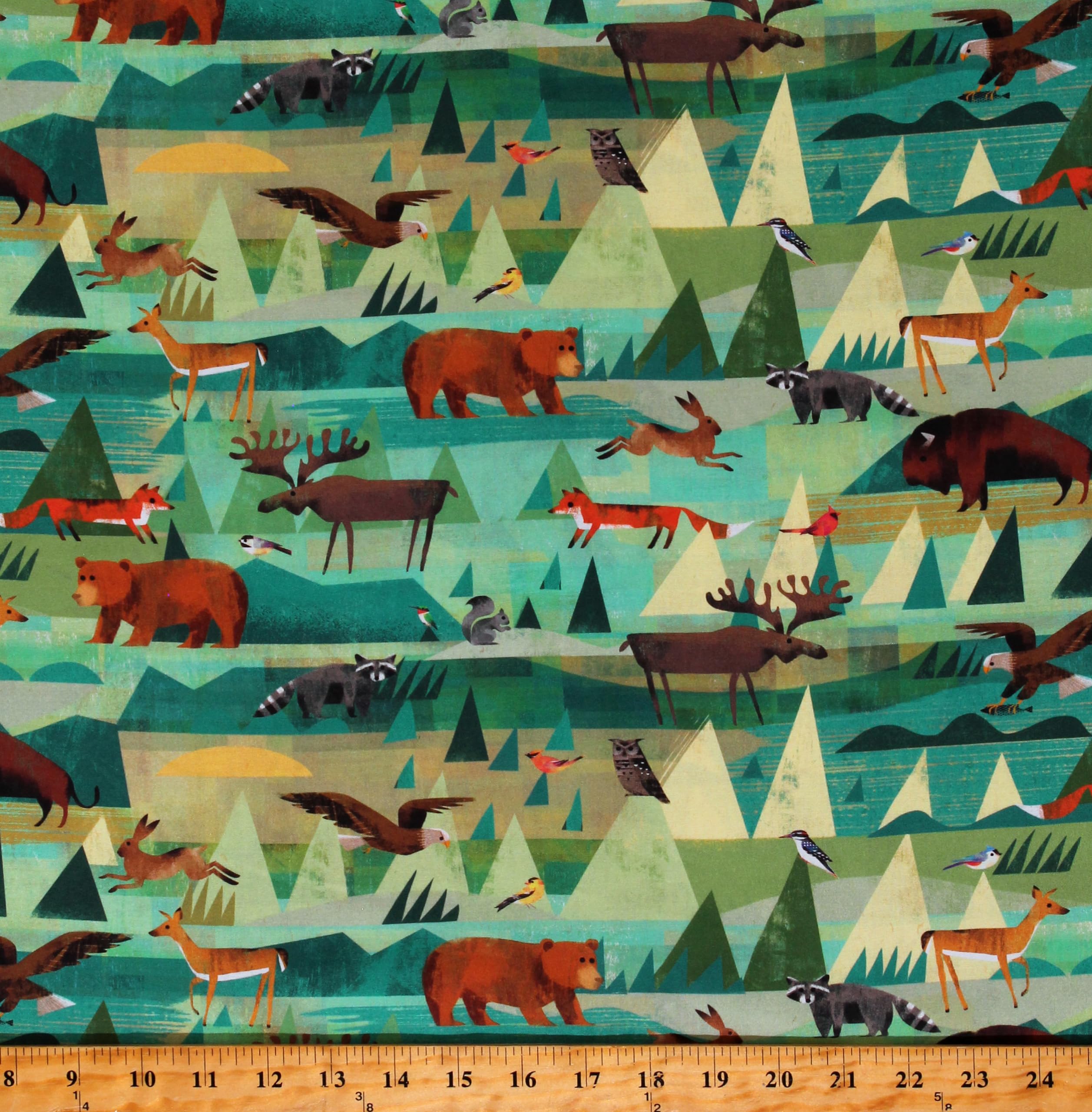 windham fabrics Cotton Wild North Lake Mountains Trees Animals Deer Moose Fox Bears Eagles Green Cotton Fabric Print by The Yard (53934D-2)