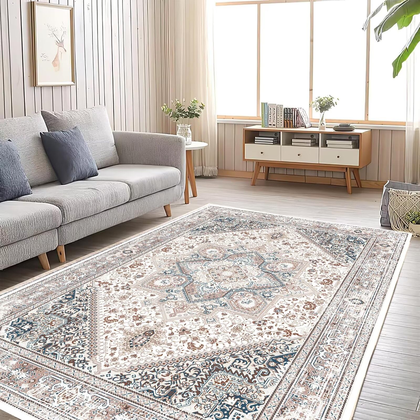 HZODJBH Machine Washable Area Rugs with Non-Slip Backing, Ideal for Hallway, Living Room, Bedroom, Kitchen and Laundry Room, Vintage and Low Pile Rug (7' x 10')