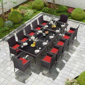 kullavik 15-piece outdoor dining set patio rattan furniture set,patio dining table and chairs set with 12 chairs and cushions,square glass tabletop with umbrella hole for patio,backyard,garden,red