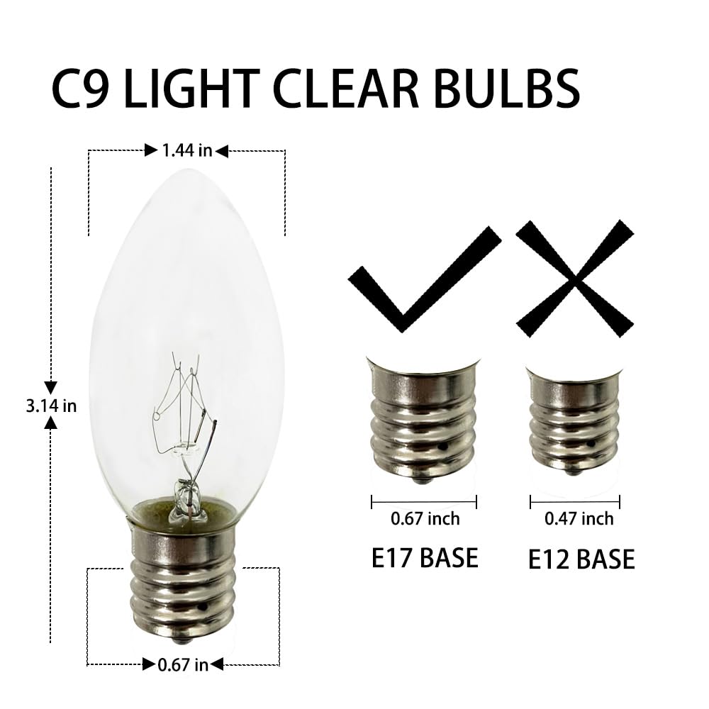 HUAZHQING 25 Pack 120V 7W Incandescent C9 Replacement Bulbs for Indoor and Outdoor Patio Decor, Clear Christimas Incandescent Light Bulbs for E17 Intermediate Screw Base Socket, Steady on Night Light