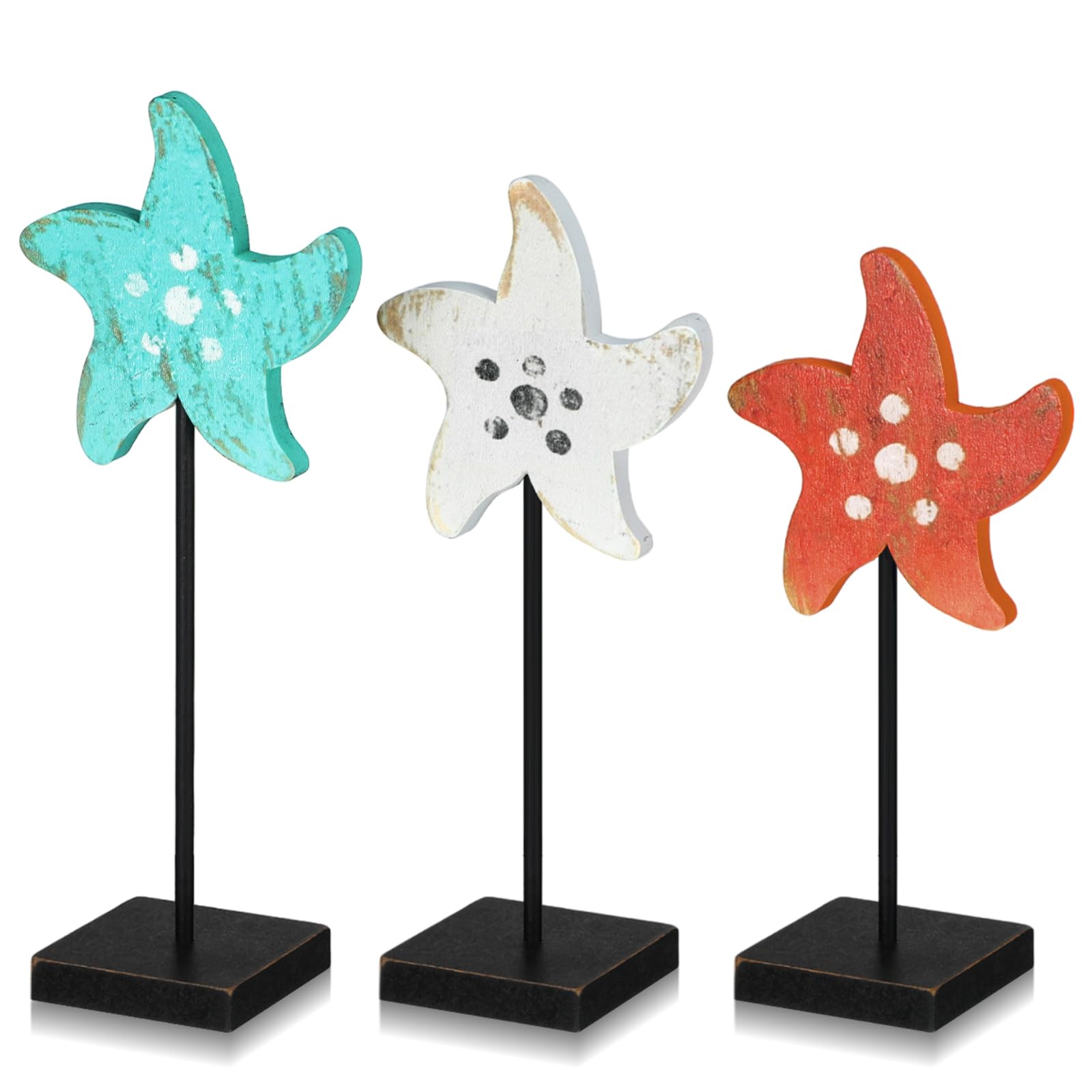 3 Pcs Summer Beach Tiered Tray Decor Starfish Table Decor Summer Wooden Table Signs Rustic Farmhouse Tabletop Centerpiece for Home Office Bedroom Table Shelf Desk