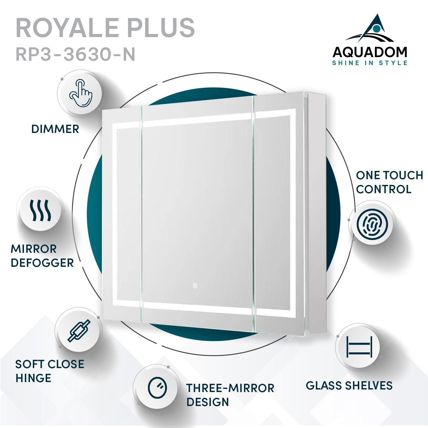 AQUADOM Royale Plus LED Medicine Cabinet with Three Mirrored Doors Defogger, Dimmer, Adjustable Shelves, Electrical Outlets, Soft Close Hinges, Magnifying Mirror (36W x 30H x 5D)