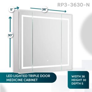 AQUADOM Royale Plus LED Medicine Cabinet with Three Mirrored Doors Defogger, Dimmer, Adjustable Shelves, Electrical Outlets, Soft Close Hinges, Magnifying Mirror (36W x 30H x 5D)