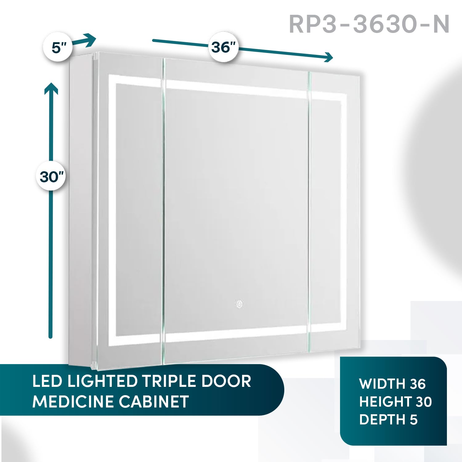 AQUADOM Royale Plus LED Medicine Cabinet with Three Mirrored Doors Defogger, Dimmer, Adjustable Shelves, Electrical Outlets, Soft Close Hinges, Magnifying Mirror (36W x 30H x 5D)