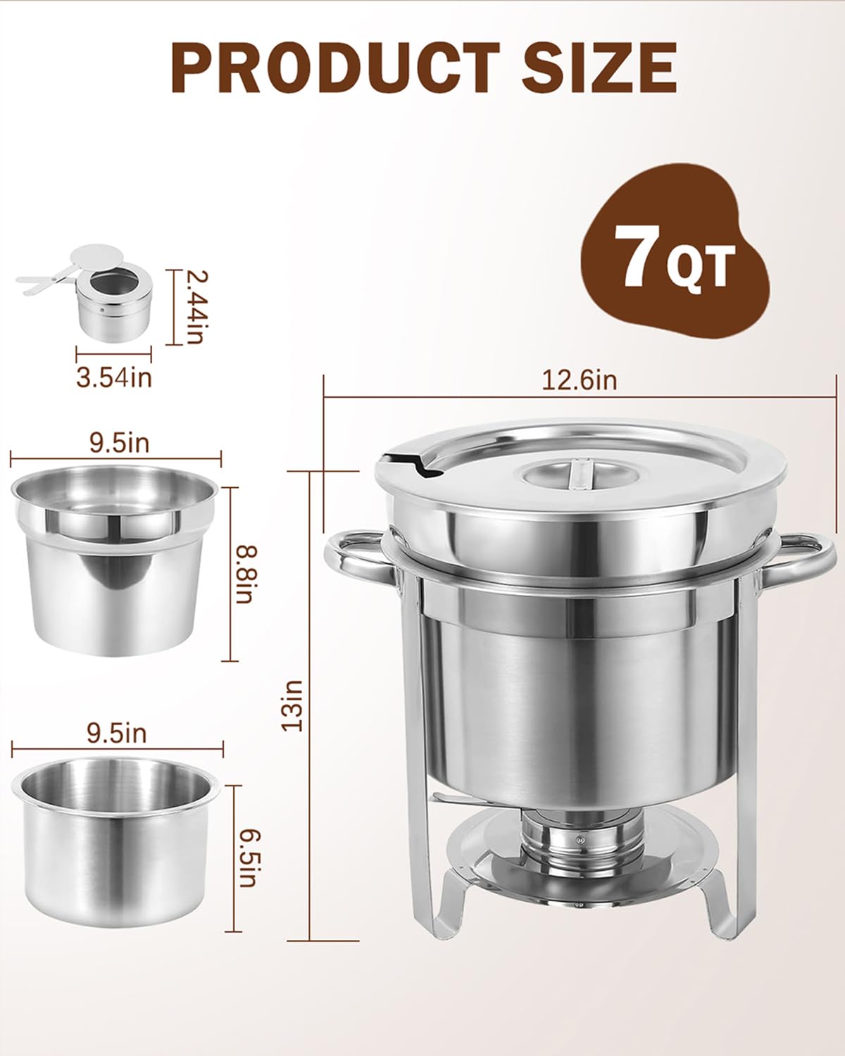 STAIIHOM Soup Chafer - 7QT [Extra 2X Thickened] [Longer Lifespan] 304 Stainless Steel Soup Chafing Dish with Pot Lid and Fuel Holder - Food Grade Commercial Soup Warmers for Parties Catering Buffet