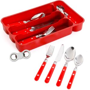 graydon hall service for 6 flatware set - 24 pc bundle with 6 forks, 6 knives, 6 teapoons, and 6 tablespoons with red handle with utensil tray | stainless steel red dinnerware set for home, kitchen