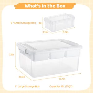 Joyibay 17 Quart Plastic Organizers & Storage Box with Lid and Latching Buckles, Clear Craft Storage Containers, Craft Box for Organizing Bead, Tool, Sewing (with 6 Art Storage Organizer)