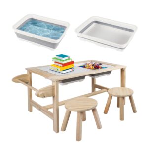 qekmsy kids sensory bins table with 2 stool, multifunctional children interactive activity wooden table set for 1-3 years, drawing table play sand & water table children's table with storage bins lid