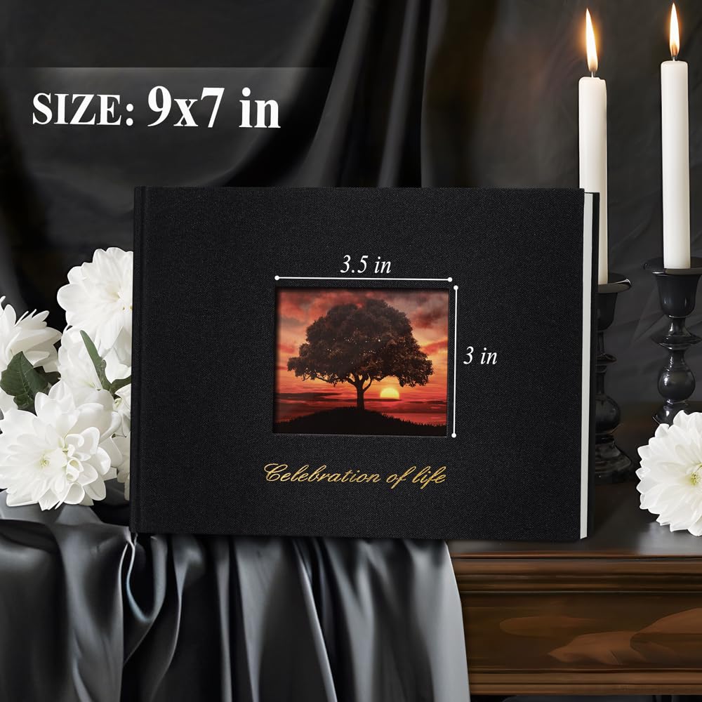 SUNEE Funeral Guest Book for Memorial & Funeral Services – in Loving Memory Funeral Book, Celebration of Life Guest Book with 100 Lined Pages, Table Sign, Ribbon Bookmark and Linen Hardcover, Black