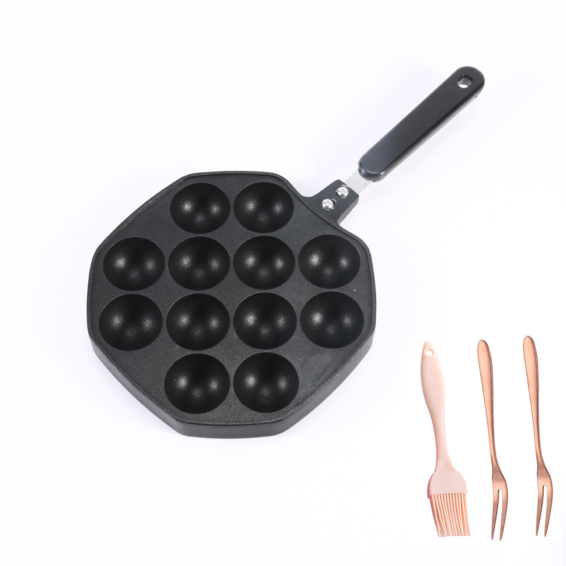 Takoyaki Pan 12-Hole, UNOSCHRIM Non-stick Aebleskiver Pan, Mini Pancake Mold with Brush and Two Forks, Aluminum Griddle Stuffed Pancake Maker for Making Octopus Balls, Puffs or Danish Stuffed Pancakes