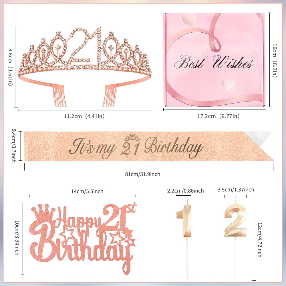 XZtimes Birthday Crown, 21st Birthday Decorations, Birthday Sash, Gifts for Her, Birthday Tiara, Cake Topper, Headband Party Favors Accessory