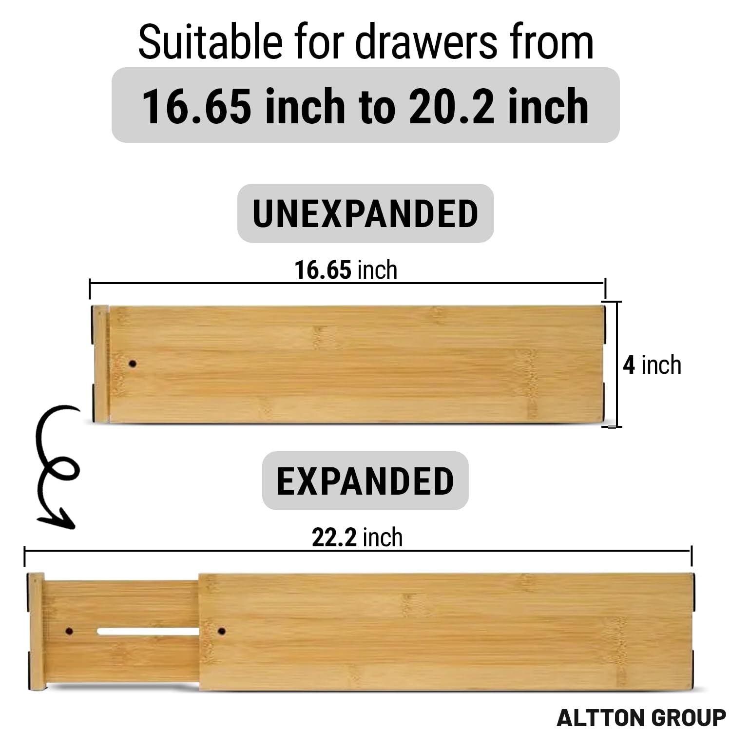 Altton Group 4"" High Drawer Dividers Bamboo Organization Expandable Organizers for Kitchen Bedroom Bathroom Dresser Office 4-pack, natural