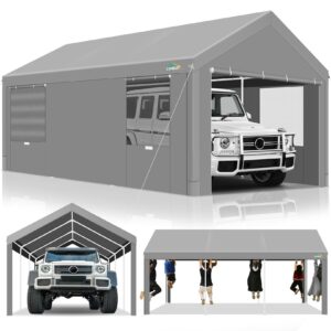 cobizi carport 10'x20' heavy duty portable garage, upgraded car canopy with removable sidewalls, ventilated windows & built-in sandbags, waterproof all-season tarp, car tent for truck, boat, gray