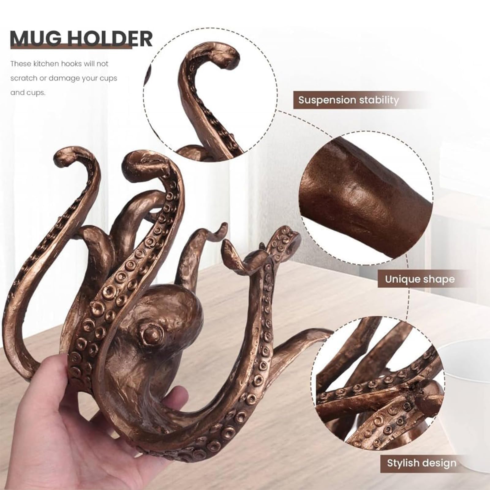 fencyatt Octopus Mug Holder, Octopus Coffee Mug Holder, Octopus Mug Holder for Counter Top, Octopus Cup Holder, Octopus Coffee Cup Holder, Kitchen Dining Bar Statue Accessory, Retro Resin (Copper)