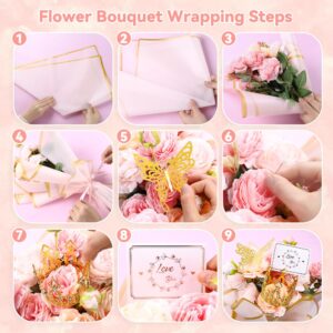 Vellibring 166pcs Flower Bouquet Accessories Flower Bouquet Wrapping Paper Ribbons Gold Crowns Butterfly Decorations Flower Pins for Florist Wrap Mother's Day Valentine's Day Birthday DIY Present