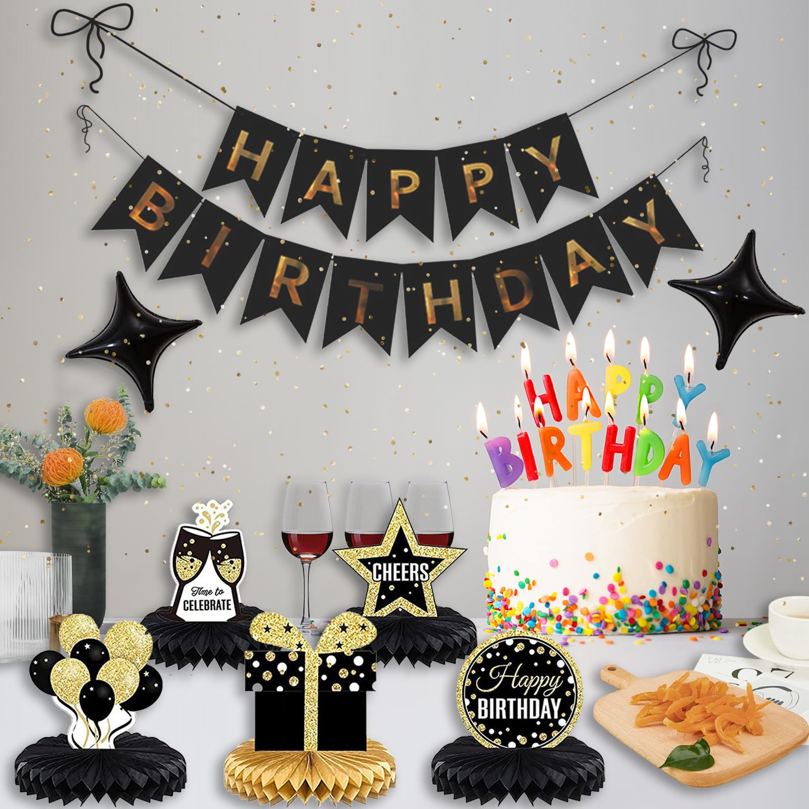 ZJDHPTY Black and Gold Birthday Decorations Happy Birthday Banner Centerpiece Table Decorations (Black and gold)