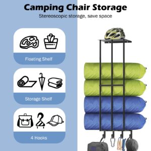 Housolution Camping Chair Rack for Garage Storage, Metal Camping Chair Wall Storage with Storage Shelves and 4 Hooks, Multifunctional Storage Rack for Camping Beach Chair Yoga Mat Umbrella, Black