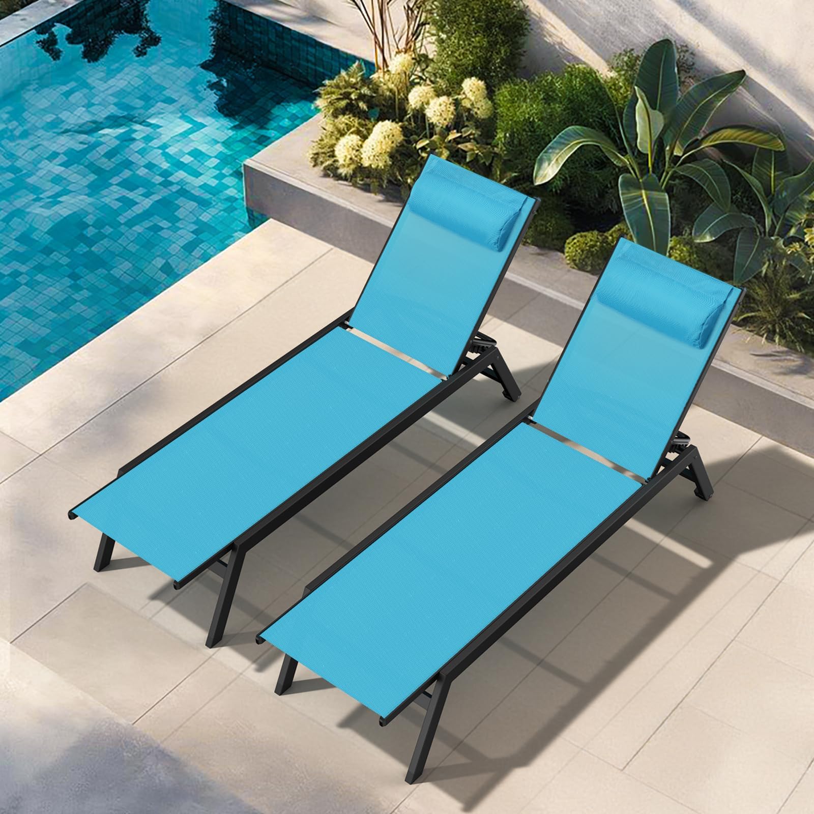 HOMSHADE Outdoor Aluminum Lounge Chair -Set of 2 with 5 Position Adjustable Backrest, Textilene Fabric, Two Wheels, Headrest for Pool, Beach, Turquoise