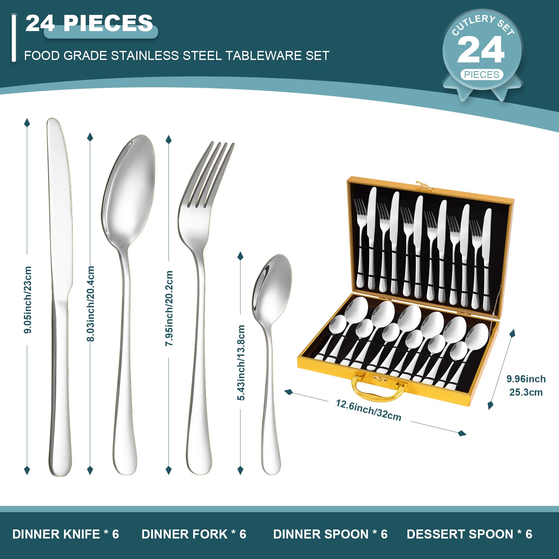 Silverware Set,24 Piece Premium Silver Utensil Sets With Wooden Gift Box,Stainless Steel Cutlery Set With Portable Silverware Box,Luxurious Silver Flatware Set