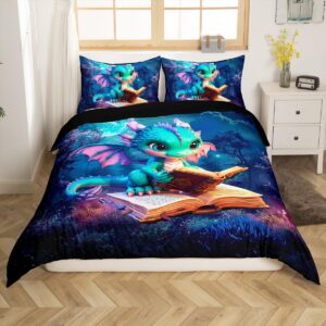 cartoon dragon duvet cover set twin size magic jungle night bedding set 2pcs for kids teens room decor cute dragon books comforter cover starry moon sky quilt cover,1 pillowcase(no comforter)