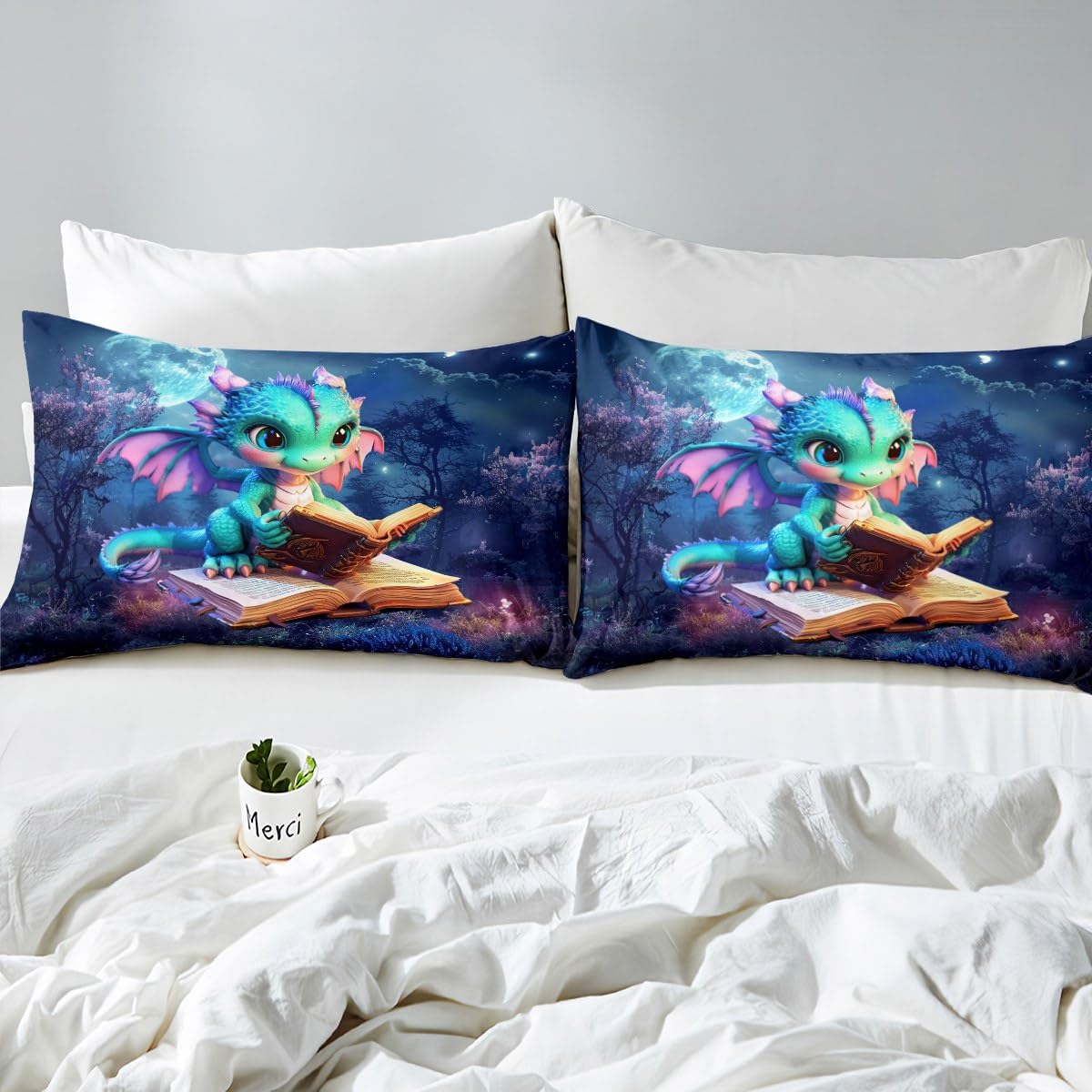 Cartoon Dragon Duvet Cover Set Twin Size Magic Jungle Night Bedding Set 2pcs for Kids Teens Room Decor Cute Dragon Books Comforter Cover Starry Moon Sky Quilt Cover,1 Pillowcase(No Comforter)