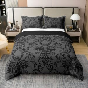 erosebridal 100% cotton dark grey damask comforter cover king size black butterfly duvet cover vintage floral bedding set for adult teens antique victorian baroque quilt cover,bedroom decor