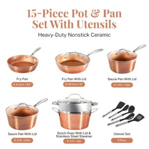 GOTHAM STEEL Hammered 15 Pc Copper Pots and Pans Set Non Stick, Kitchen Cookware Sets, Pot and Pan Set, Ceramic Cookware Set, Non Toxic Cookware Set, Non Stick Pots and Pan Set, Dishwasher Safe