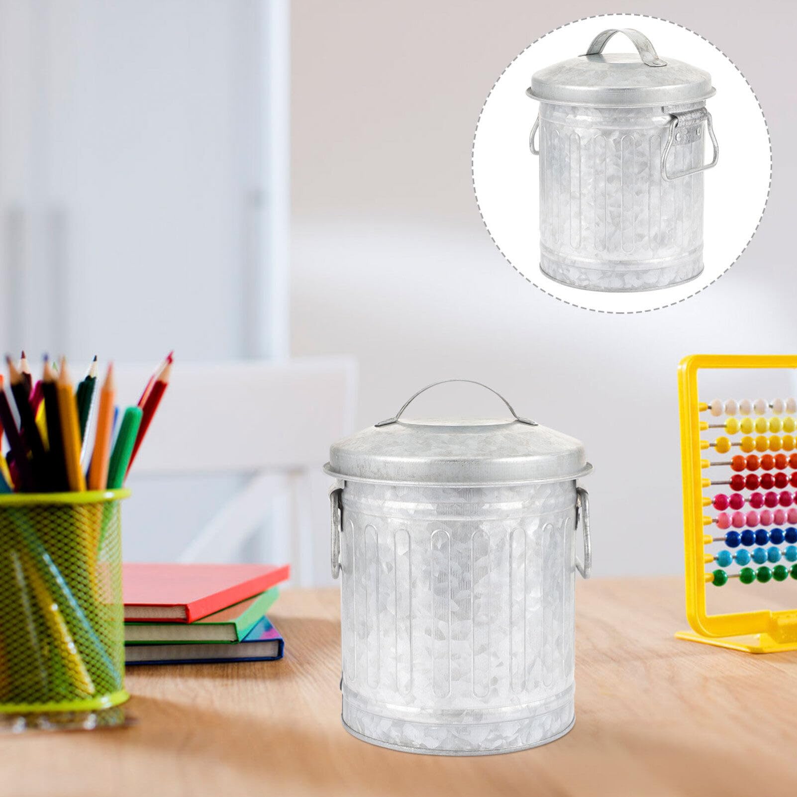 SEWACC Mini Galvanized Trash Can Small Metal Bucket with Lid Tabletop Wastebasket Garbage Can for Plant Flower Pot Pen Holder A