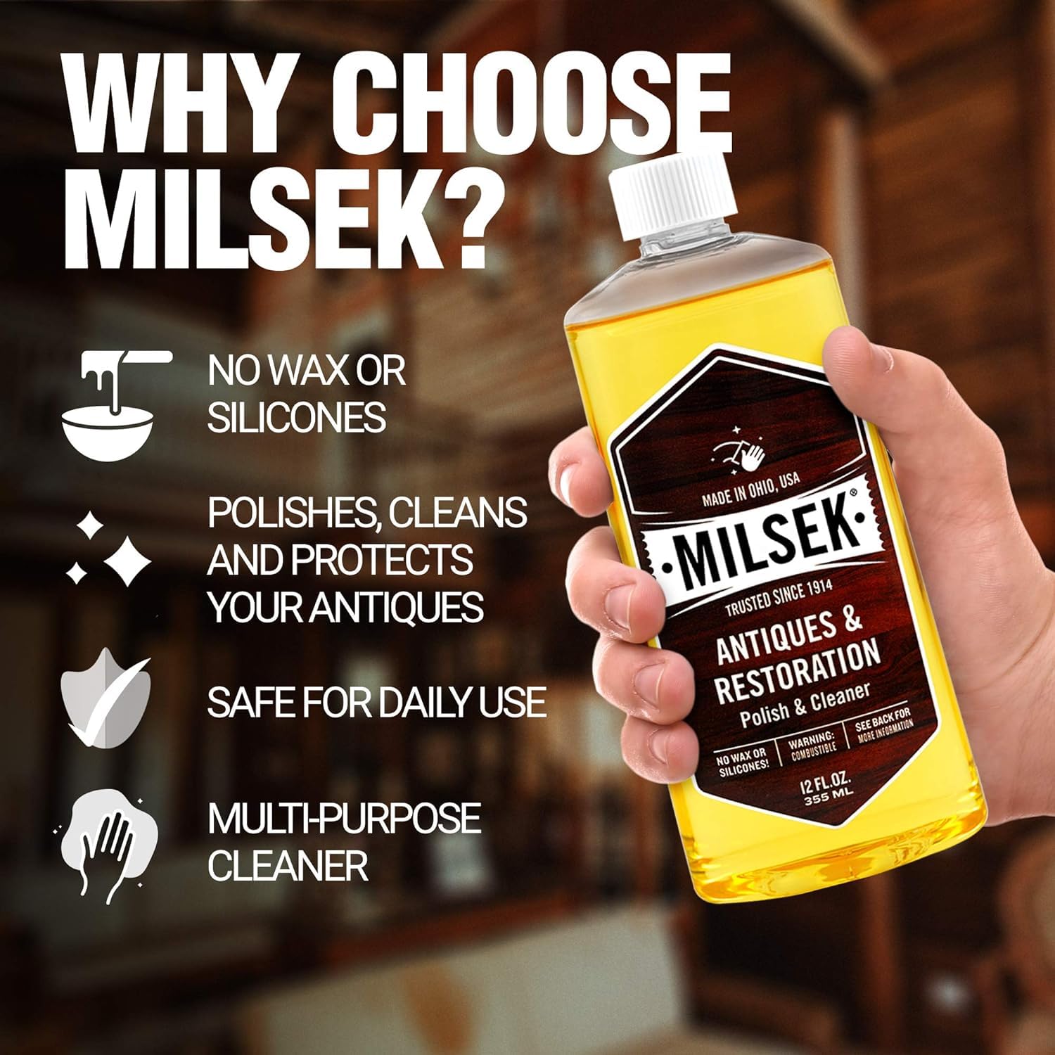 Milsek Antiques & Restoration Polish & Cleaner - Home Essential Cleaning Supplies for Home Improvement of any Wood Antiques or Heirlooms - 12 Fl Oz (Pack of 1)