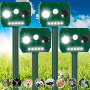 4 pack ultrasonic animal repellent outdoor solar cat deterrent with pir motion sensor flash light for squirrel cat deer skunk rabbit coyote dog, deer repellent devices skunk repellent for yard