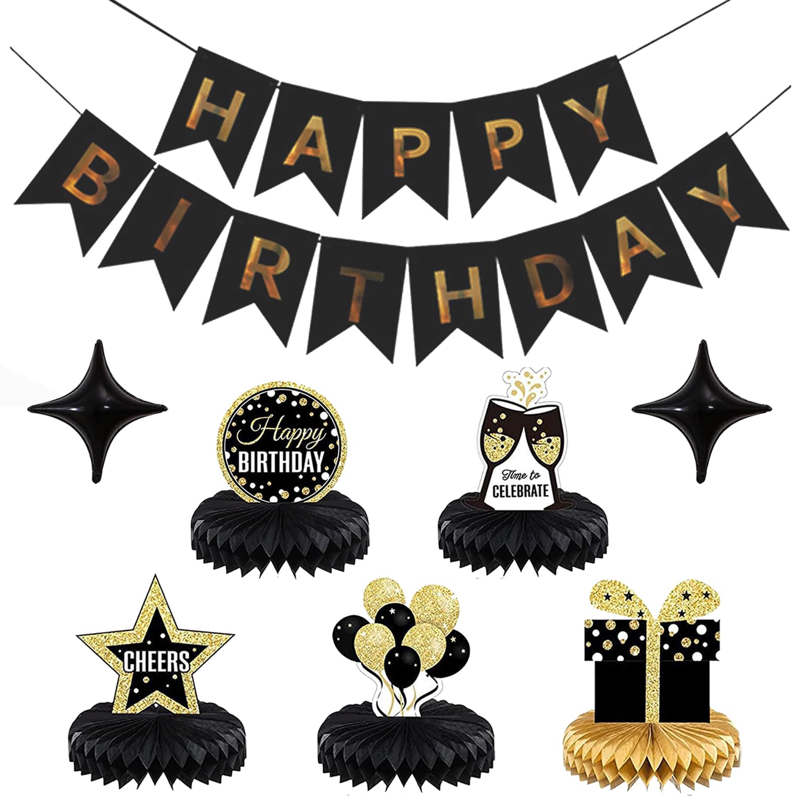 ZJDHPTY Black and Gold Birthday Decorations Happy Birthday Banner Centerpiece Table Decorations (Black and gold)