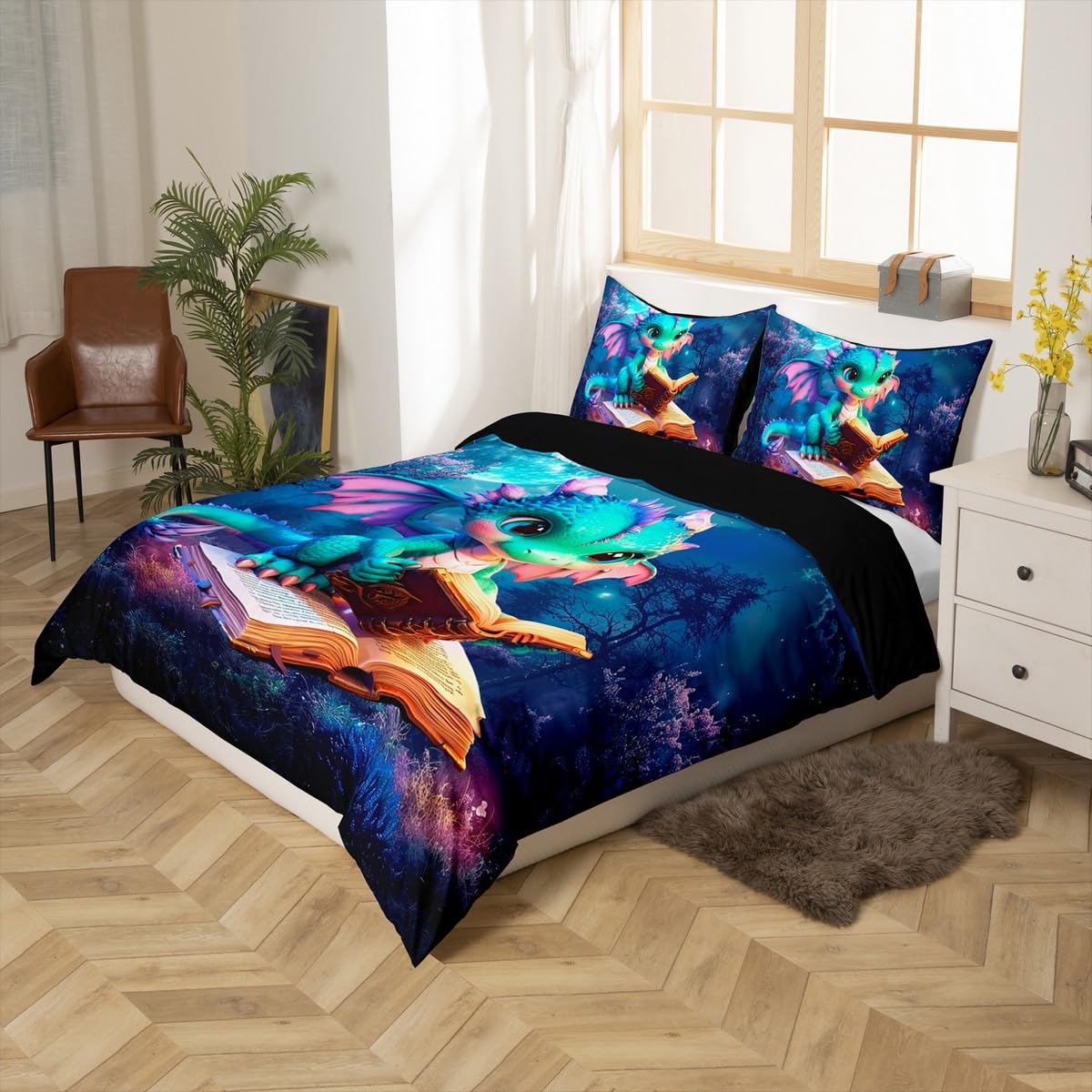 Cartoon Dragon Duvet Cover Set Twin Size Magic Jungle Night Bedding Set 2pcs for Kids Teens Room Decor Cute Dragon Books Comforter Cover Starry Moon Sky Quilt Cover,1 Pillowcase(No Comforter)