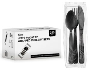 klex 250 individually wrapped disposable utensil sets with heat resistant, bpa free heavy weight fork, spoon, knife, and napkin, black, 250 sets