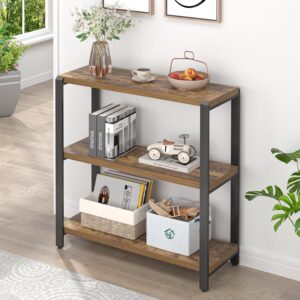 excefur small bookshelf, 3 tier short low book shelf, modern metal and wood standing etagere bookcase for home office living room bedroom, rustic brown