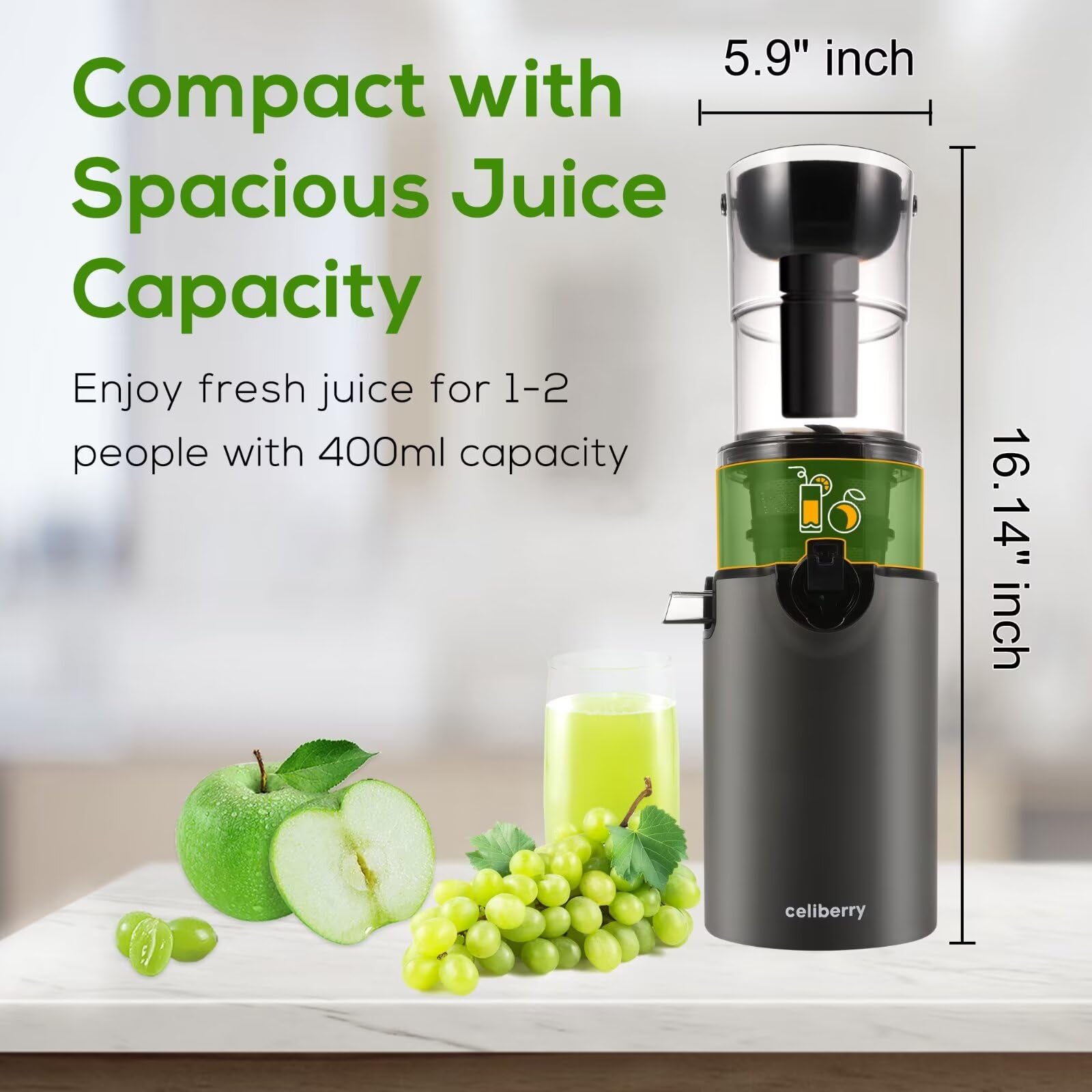 celiberry Cold Press Juicer, Masticating Juicer for Fruits Whole Lemon Orange & Vegetables | 97% Juice Yield, Max Nutrition, Electric Slow Juicer Machines with 2 Cups (BPA-Free, Divide Pulp)