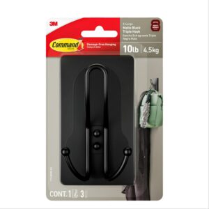 command x-large matte black triple hook, 1 hook, 3 strips, damage free hanging wall hooks with adhesive strips, no tools wall hooks for hanging decorations in living spaces