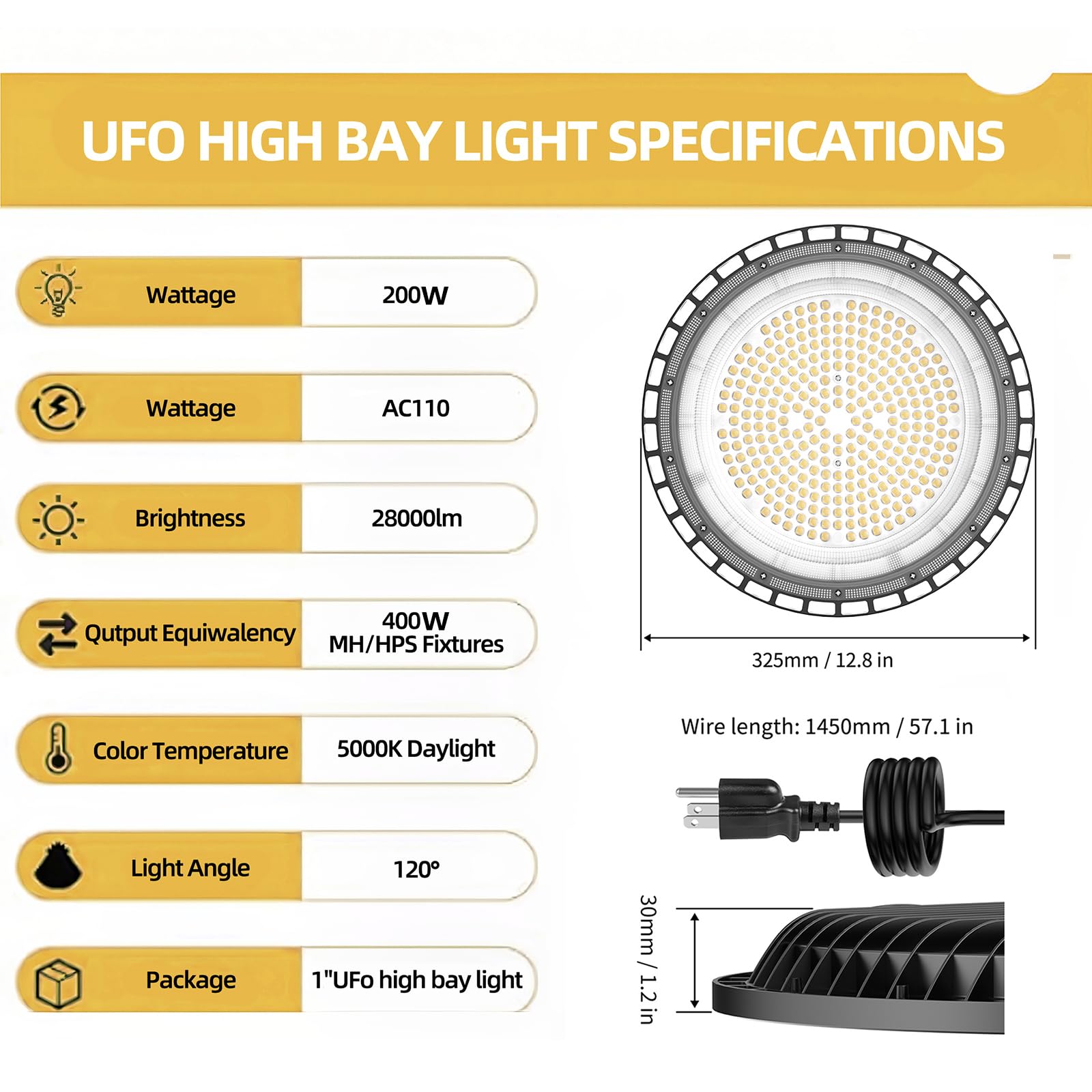 6 Pack UFO LED High Bay Light, 200W LED High Bay Light, 5000K,28,000LM, 5 ft Cable with US Plug UL Certified Plug, IP65 Commercial Warehouse Area Light for Wet Location Area, Workshop, Garage