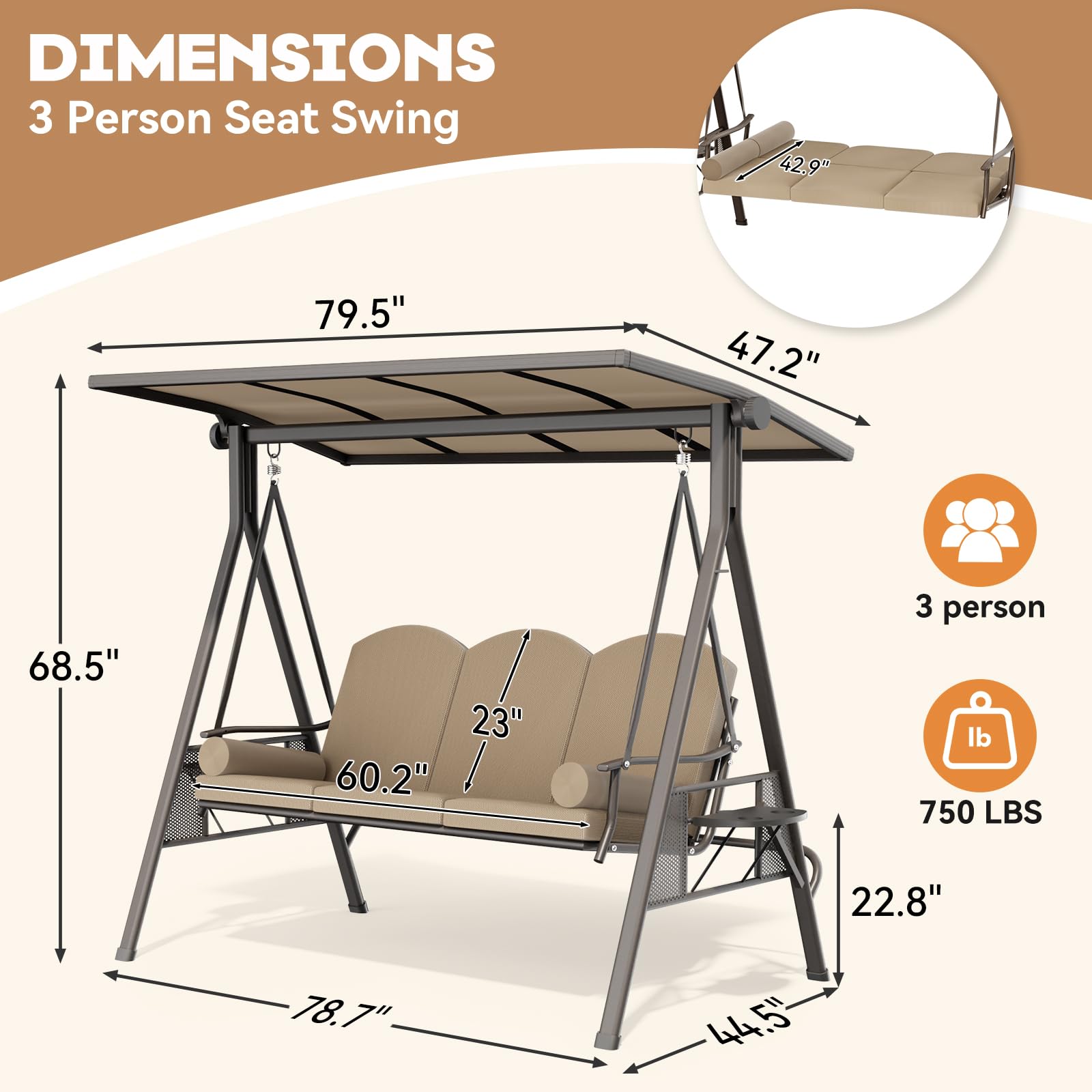 EBE Outdoor Porch Swing with Polycarbonate Hardtop, 3 Seat Patio Swing Chair with 2 Side Cup Holder, Convertible Backrest Swing Bed with Cushion, 2 Pillows for Front Porch Garden, Brown