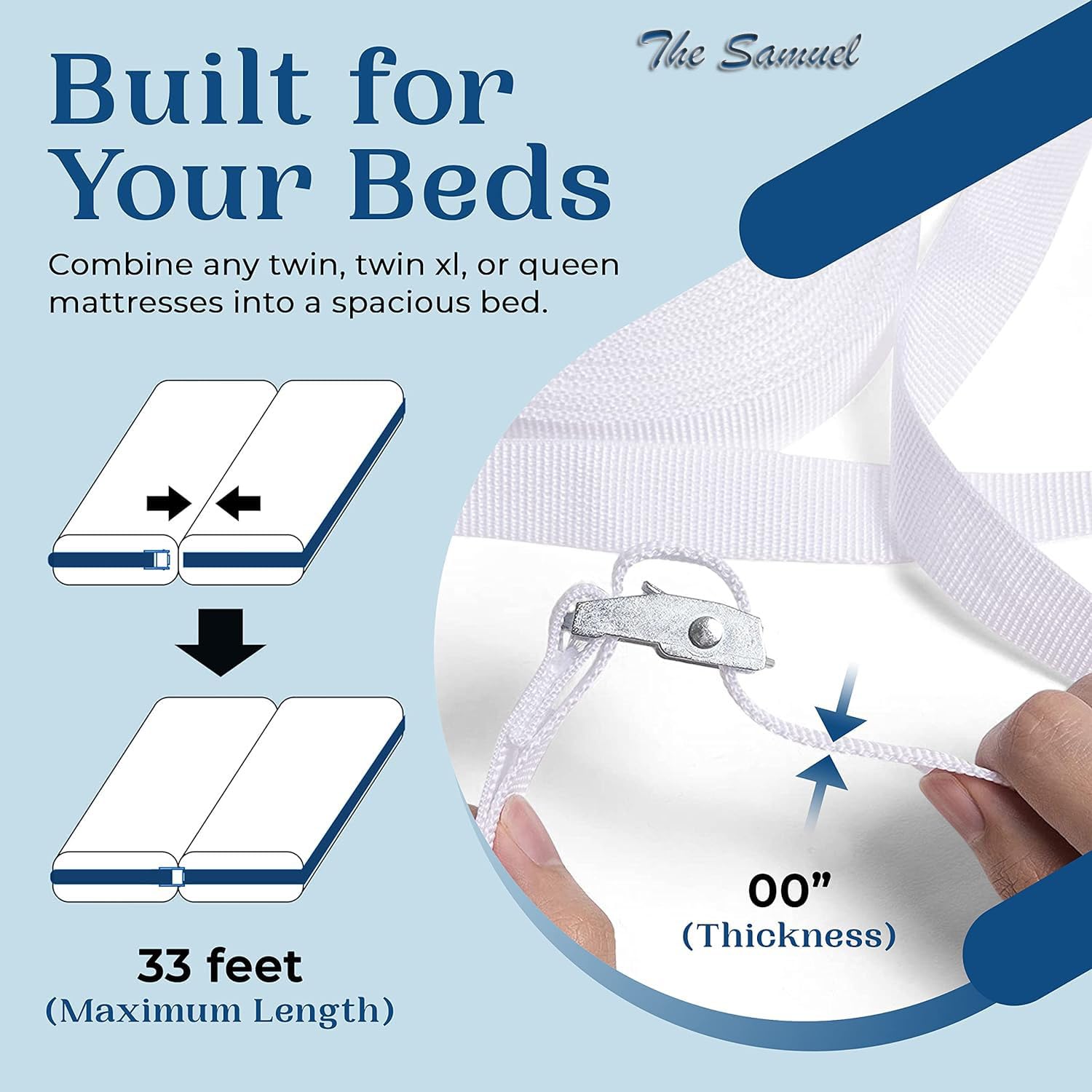 The Samuel Bed Bridge Twin to King Connector Mattress Strap - Twin Connector for Converting Split Twins or Twin XL to King | 33ft Long Mattress Joiner Connecting Belt - Convert Twin Beds into King